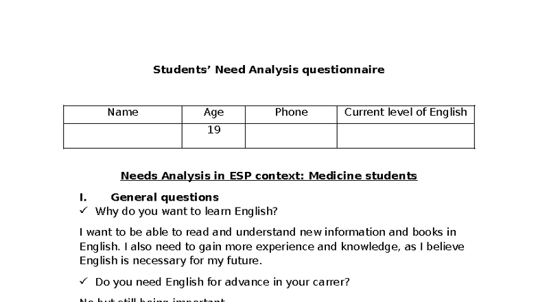 Students' Need Analysis Questionnaire - ESP in Medicine - Studocu