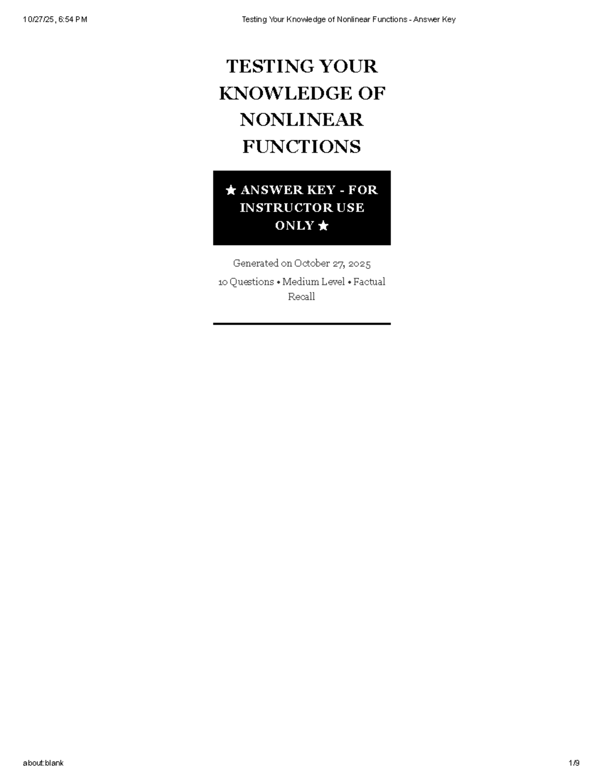 Testing Your Knowledge of Nonlinear Functions - Answer Key (Instructor ...
