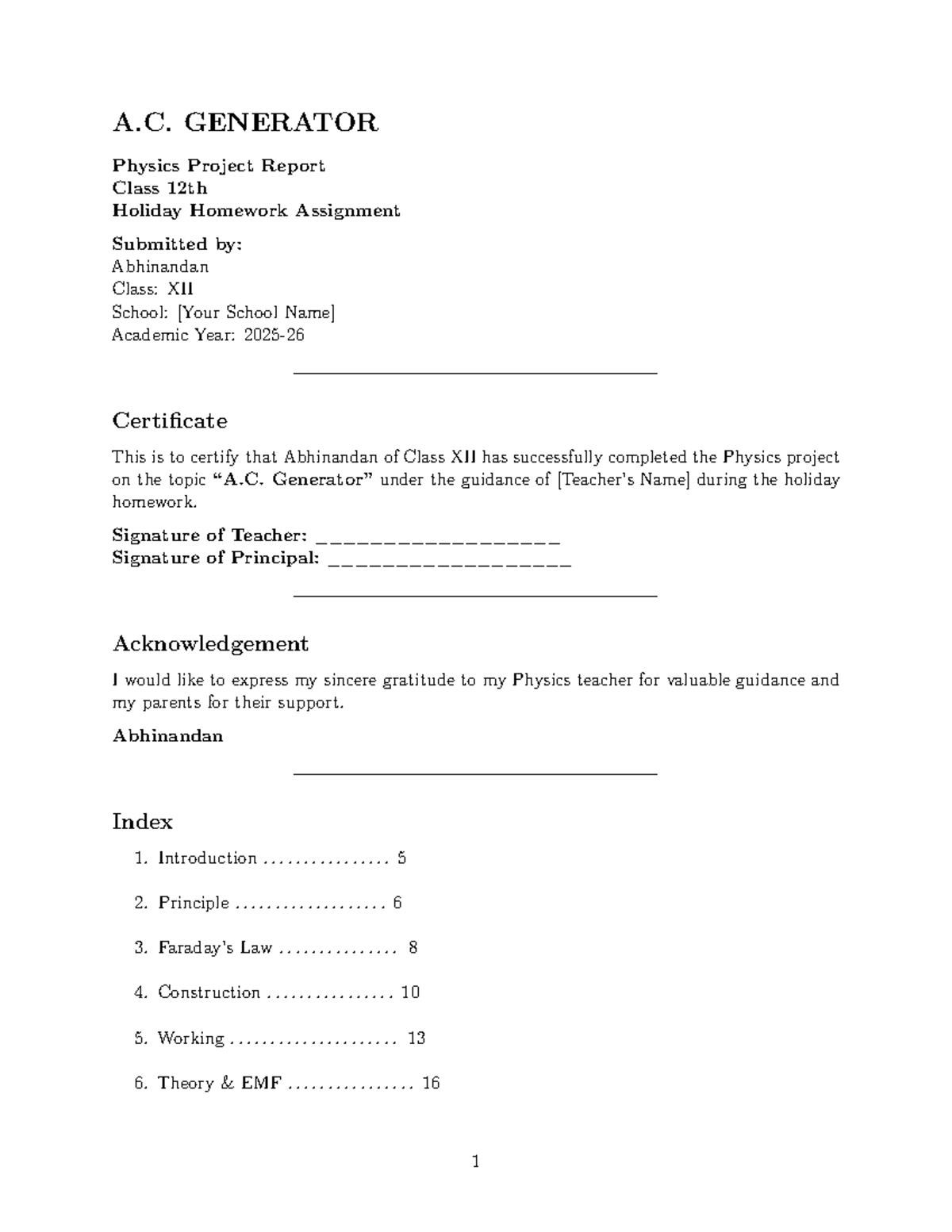 A.C. Generator Project Report - Class XII Holiday Homework - Studocu