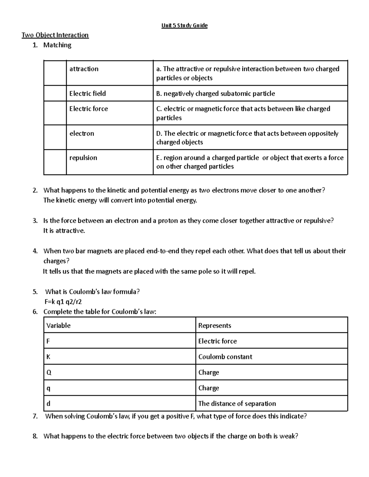 Unit 5 Energy and Forces Study Guide - Unit 5 Study Guide Two Object ...