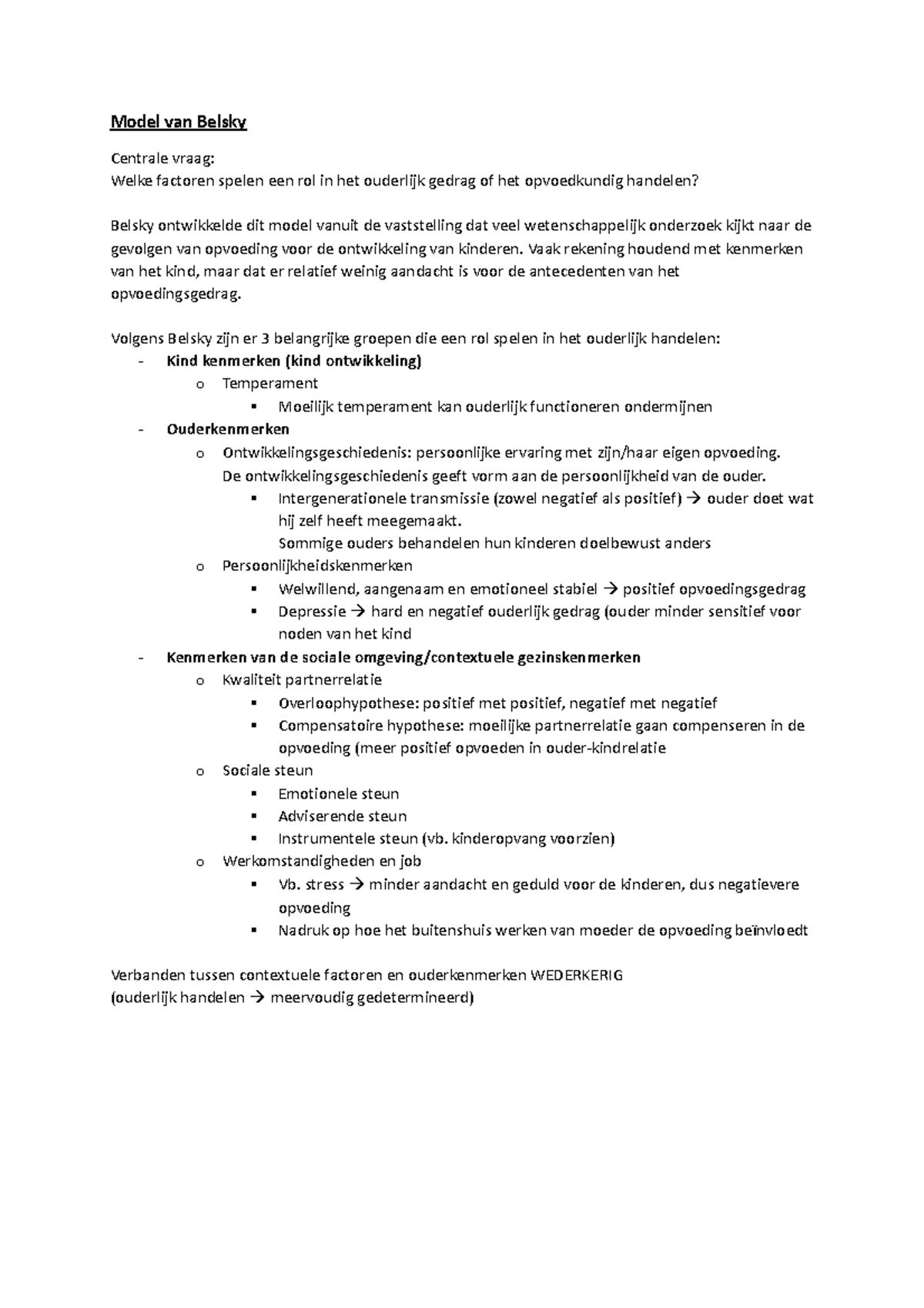 Model van Belsky: Factoren in Ouderlijk Gedrag en Opvoedkunde - Studocu