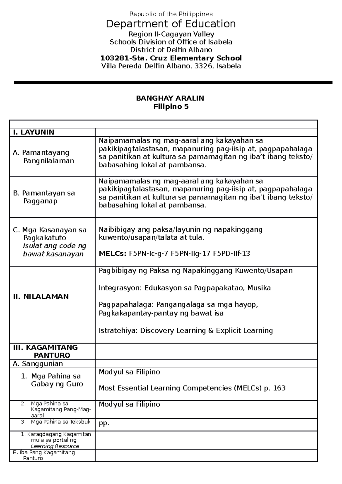 CO Lesson Plan for Filipino 5: Quarter 2 (Banghay Aralin) - Studocu