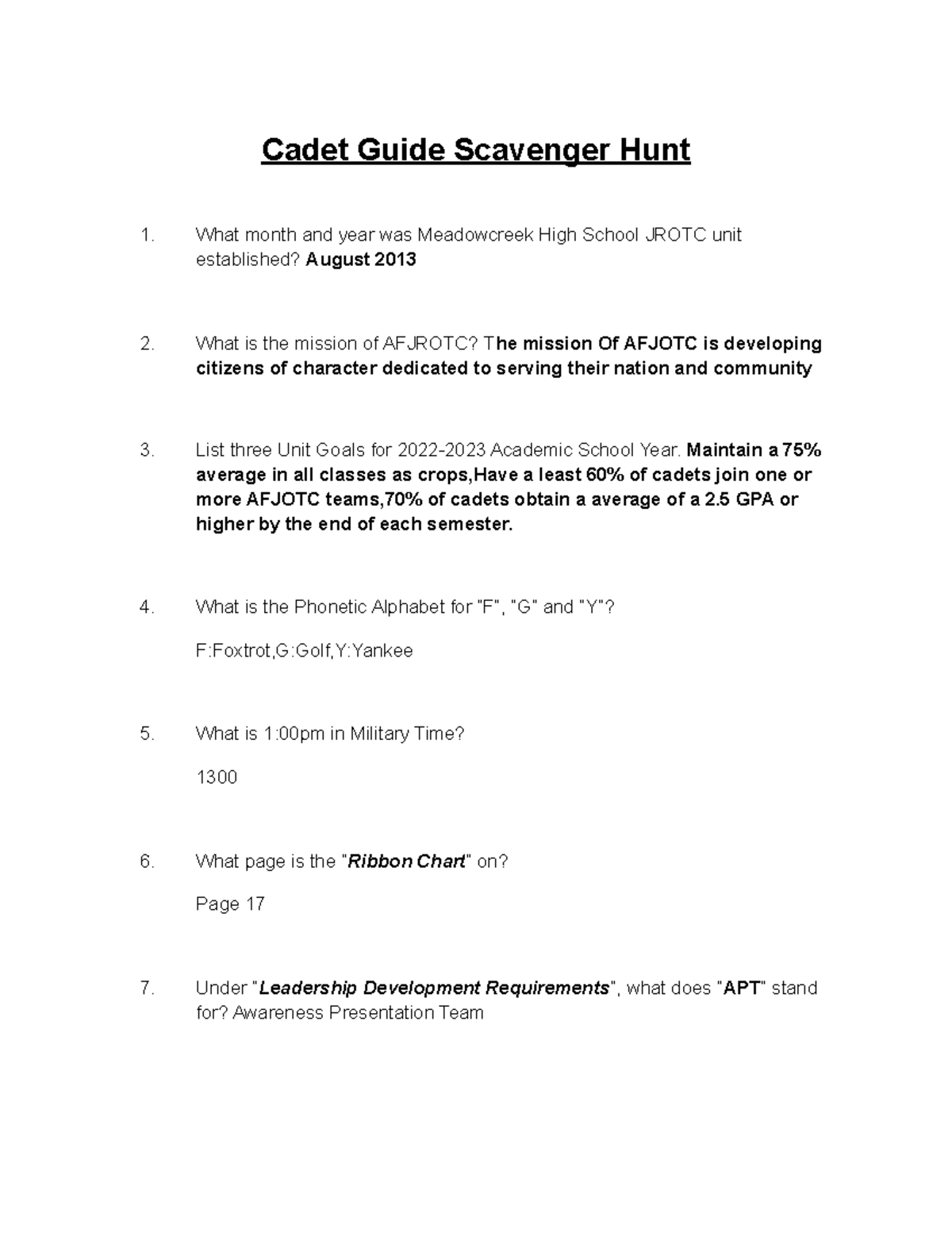 JROTC Cadet Guide Scavenger Hunt Questions & Answers - Studocu
