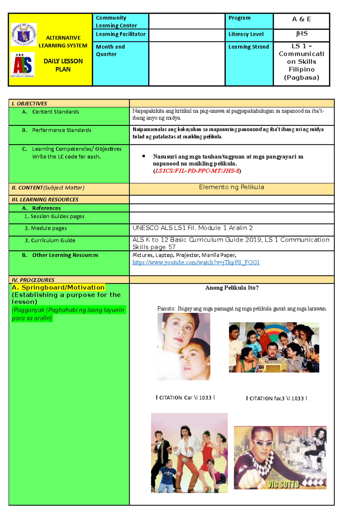 LS1 Final Lesson Plan on Elemento ng Pelikula for JHS (Filipino) - Studocu