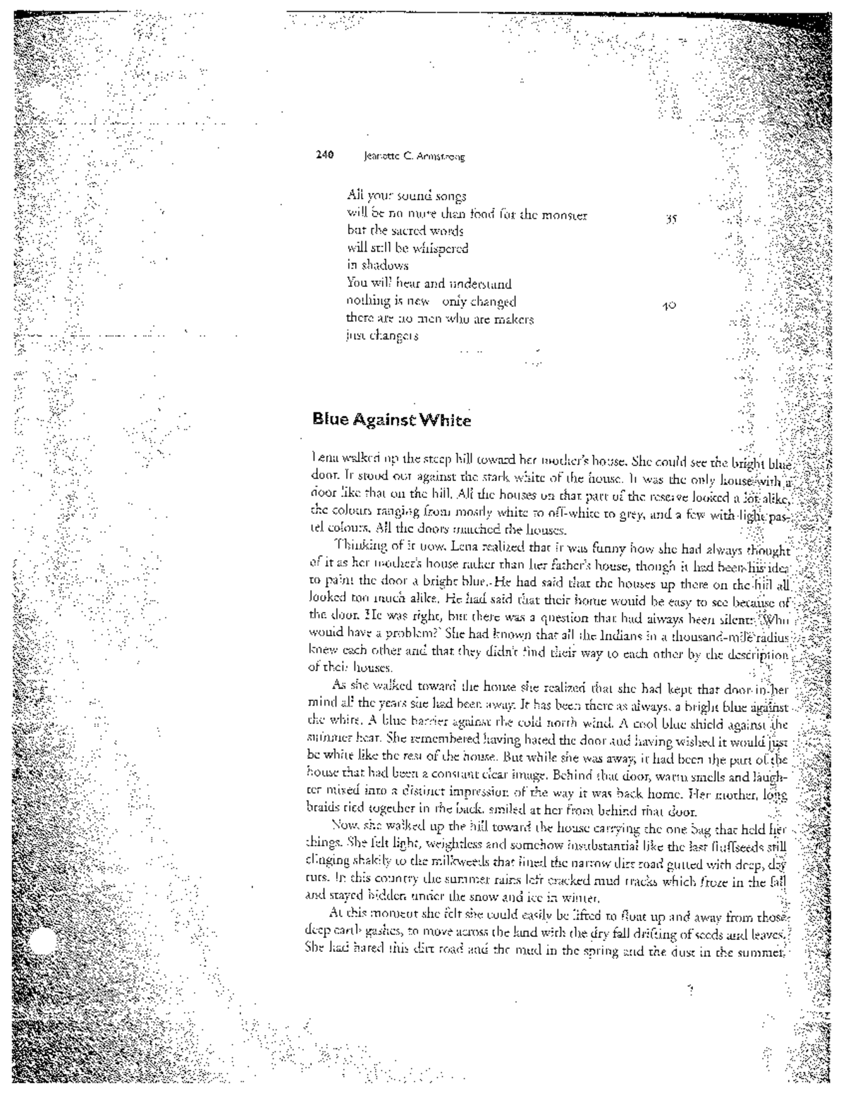 Blue Against White - Essay Notes on Jeannette Armstrong's Work - Studocu