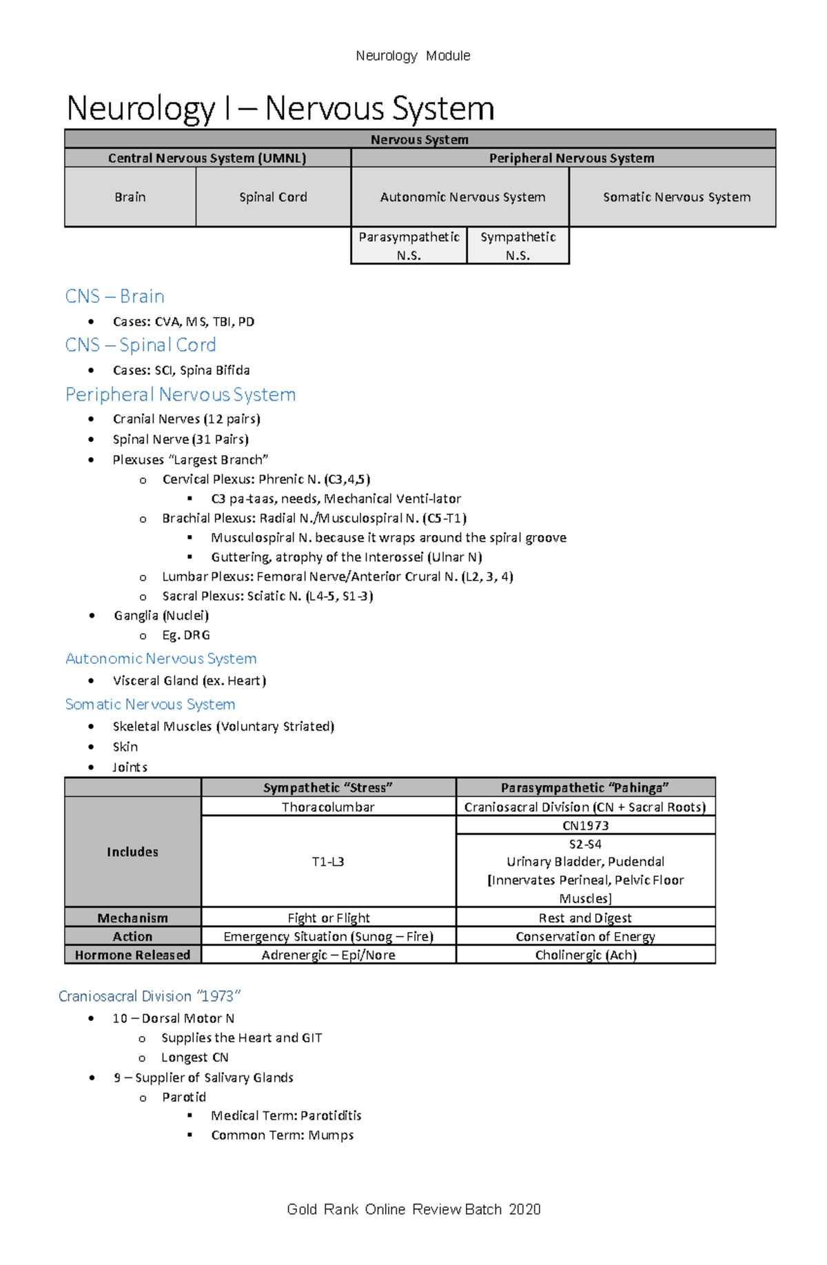 Neurology I Final Exam Review: Nervous System Overview and Cases - Studocu