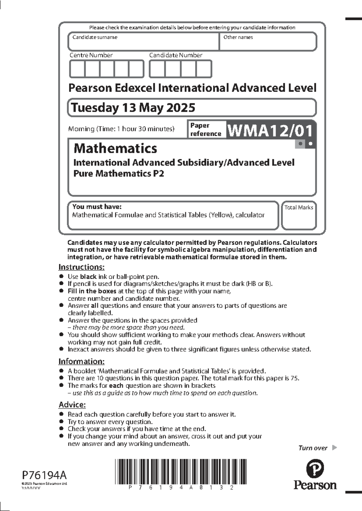 IAL Mathematics P2 Exam Paper - May 2025 (1h 30m) - Studocu