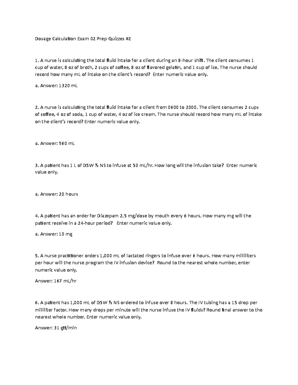Dosage Calculation Exam 02 Prep Quiz #2 LPN Version - Studocu