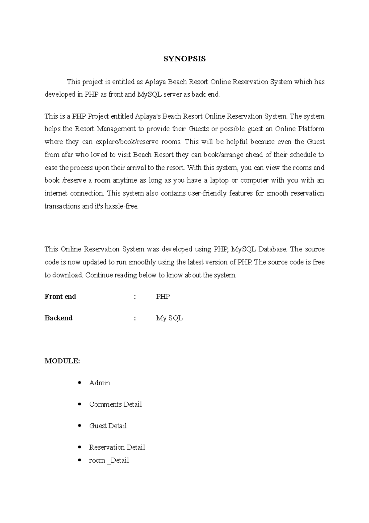 Aplaya Beach Resort Online Reservation System Project Overview - Studocu
