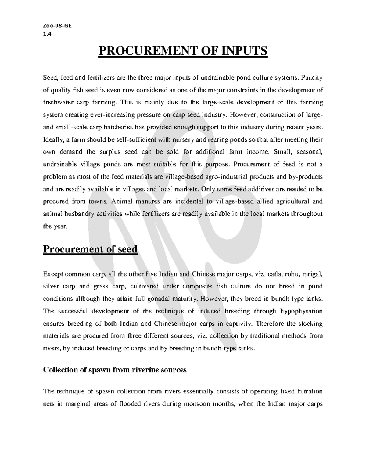 Procurement of Inputs in Aquaculture: Seed and Feed Management - Zoo-08 ...