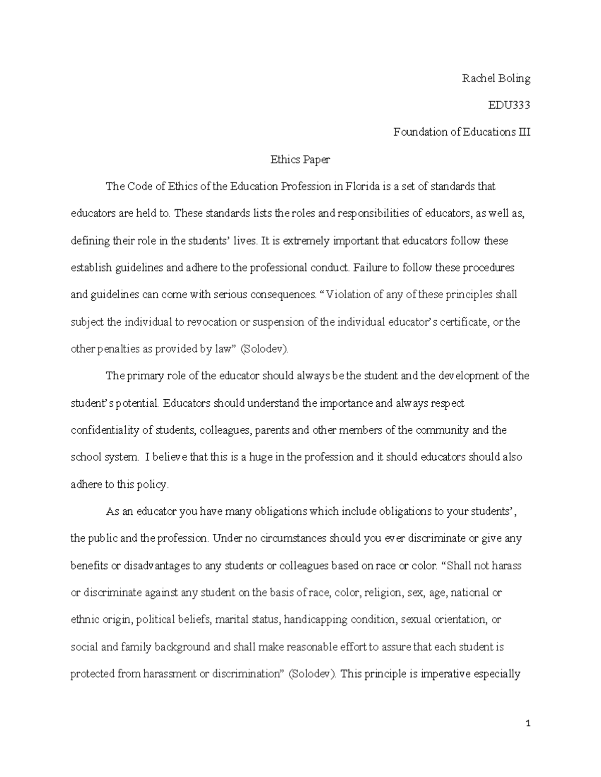 Ethics Paper: The Code of Ethics in Florida Education - Studocu