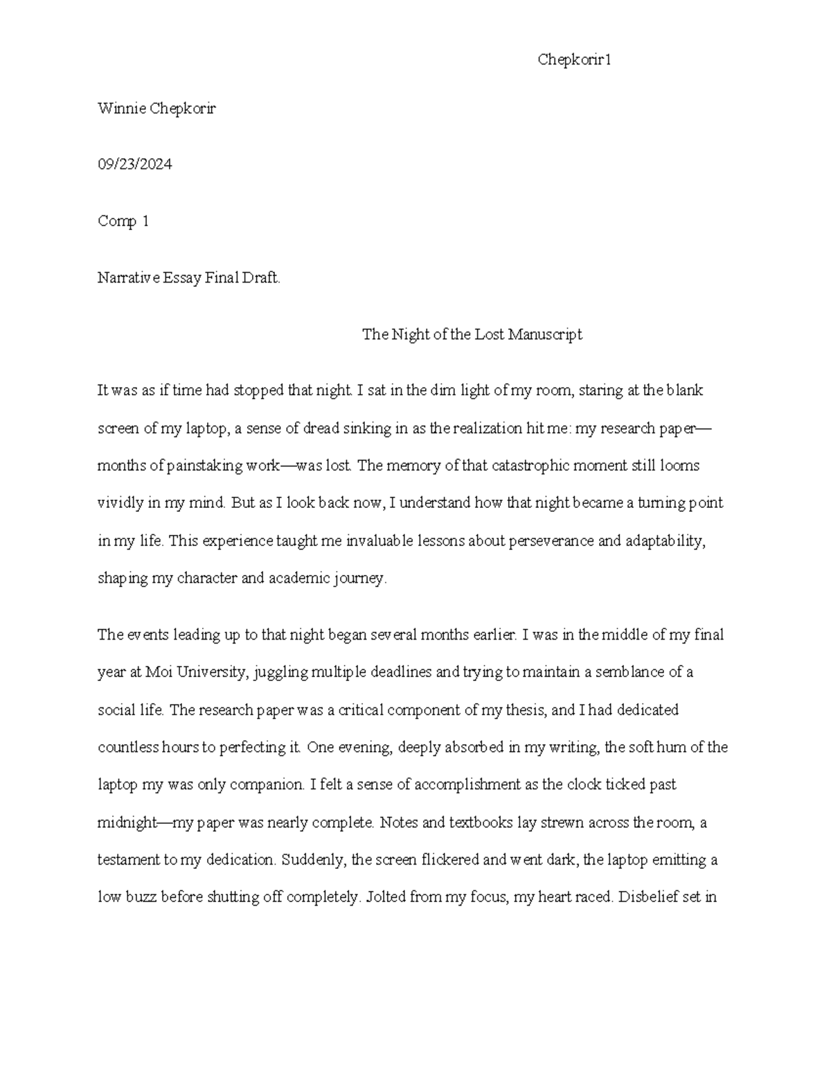 Final Draft COMP1 Narrative Essay: The Night of the Lost Manuscript ...