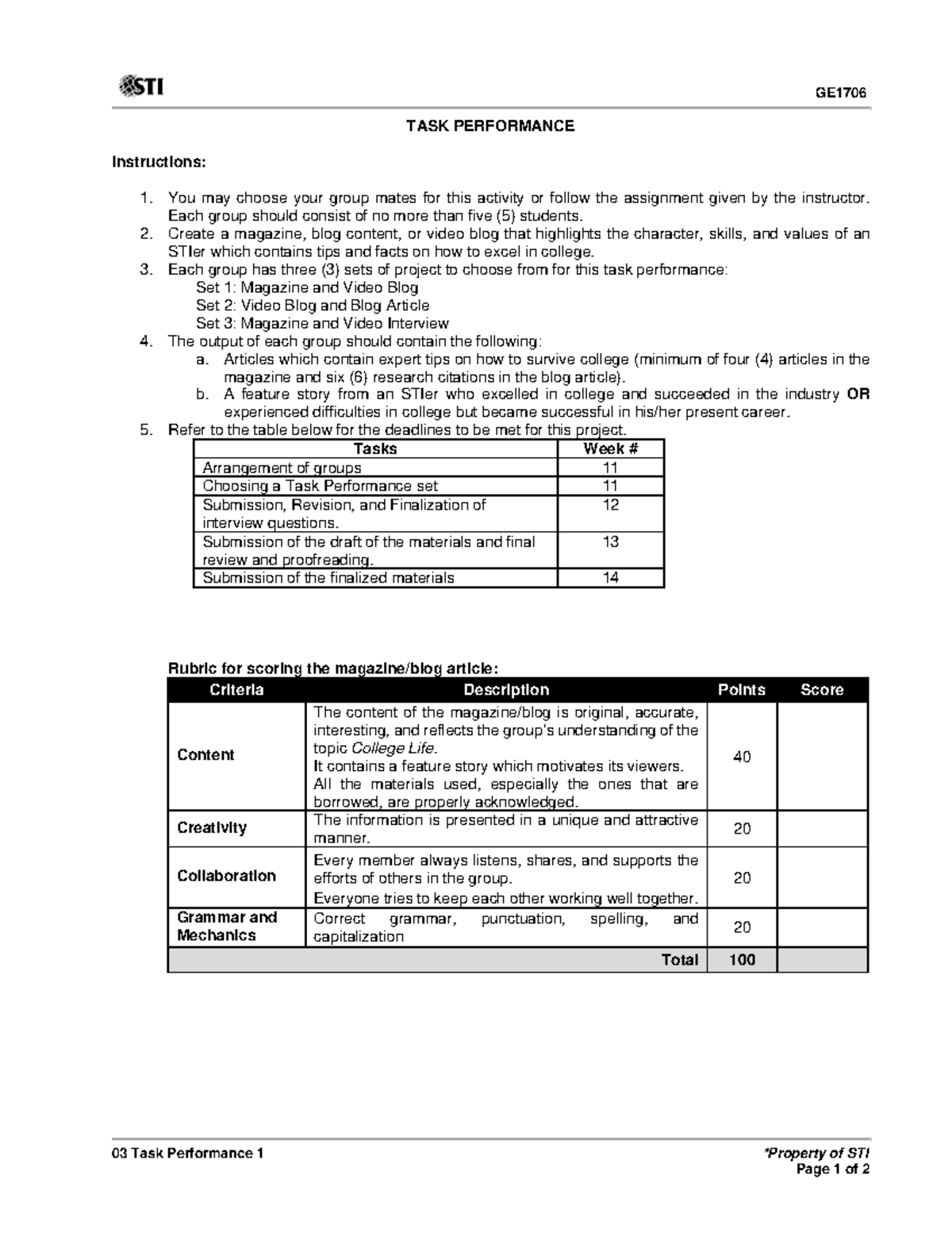 03 Task Performance 1baskog - GE 03 Task Performance 1 *Property of STI ...