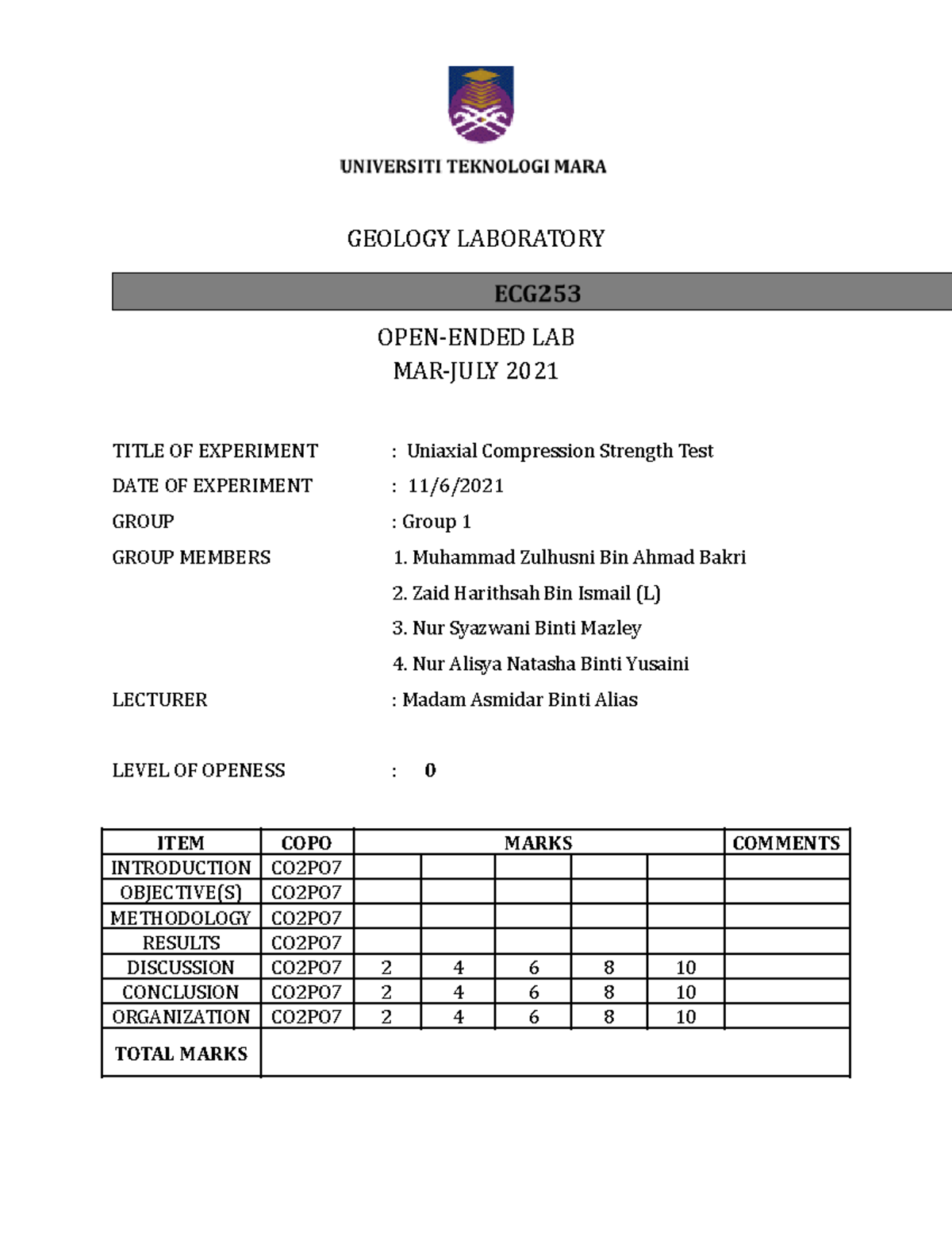 GEOLOGY 101: Uniaxial Compression Strength Test Lab Report - Studocu