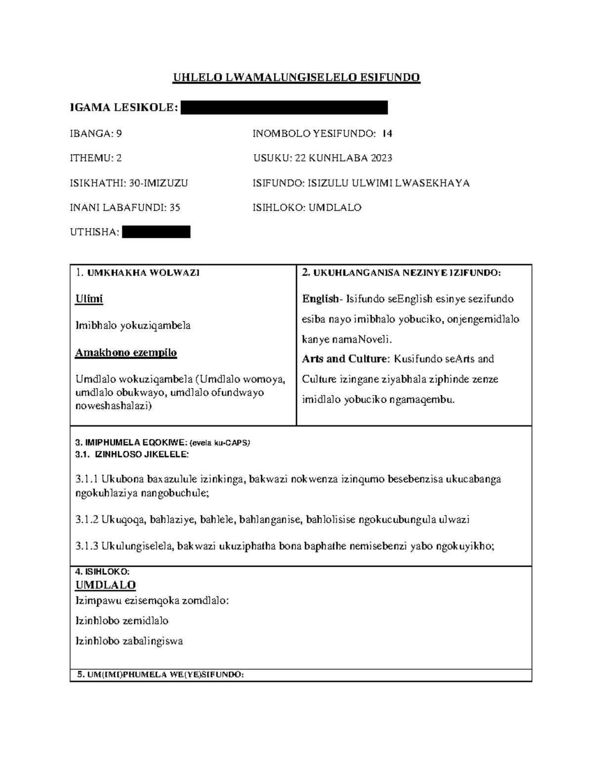 Lesson Plan (ISZL 9) - Uhlelo lwesifundo: Umdlalo Nendlela Yokufundisa ...