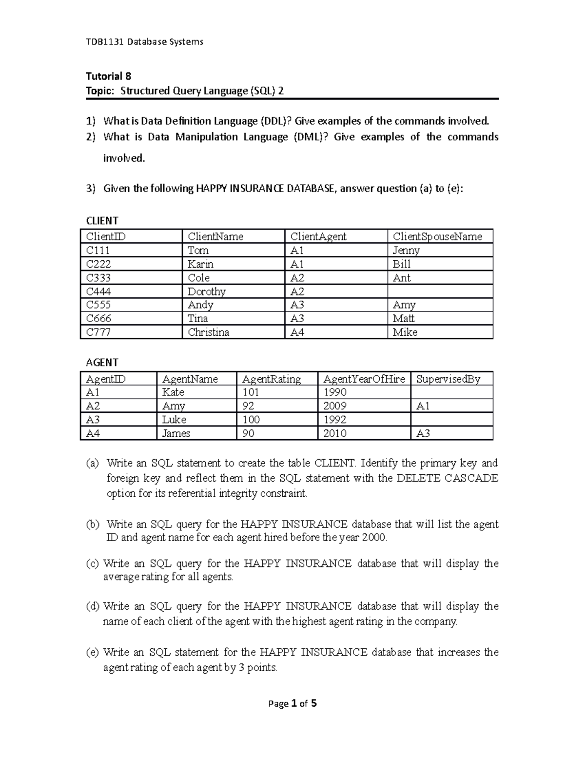 337567 T08 SQL Basic 2 2020 - Tutorial 8 Topic : Structured Query ...