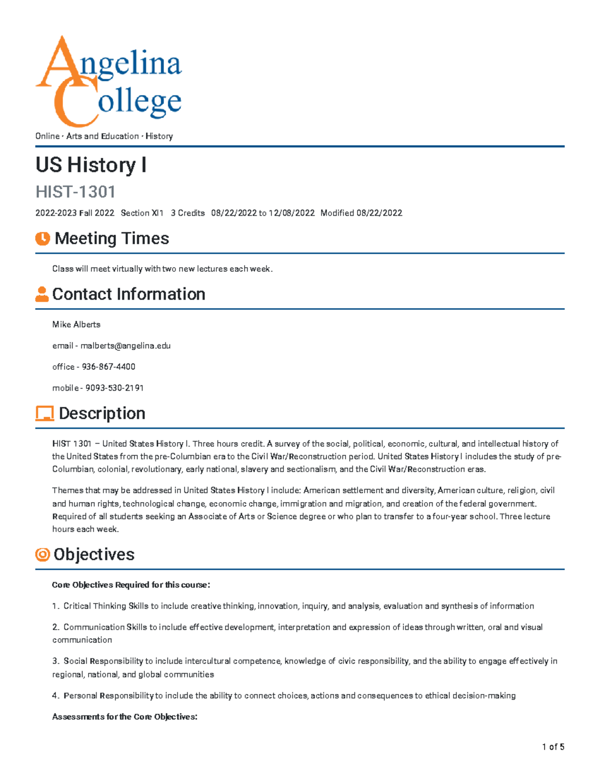 HIST 1301 US History I Course Overview and Syllabus Fall 2022 - Studocu