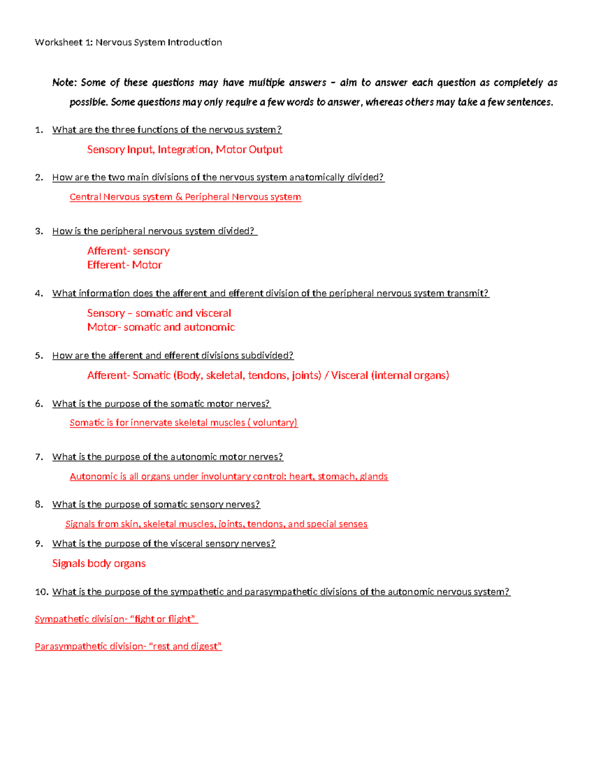Introduction to the Nervous System: Worksheet 1 (BIO101) - Studocu