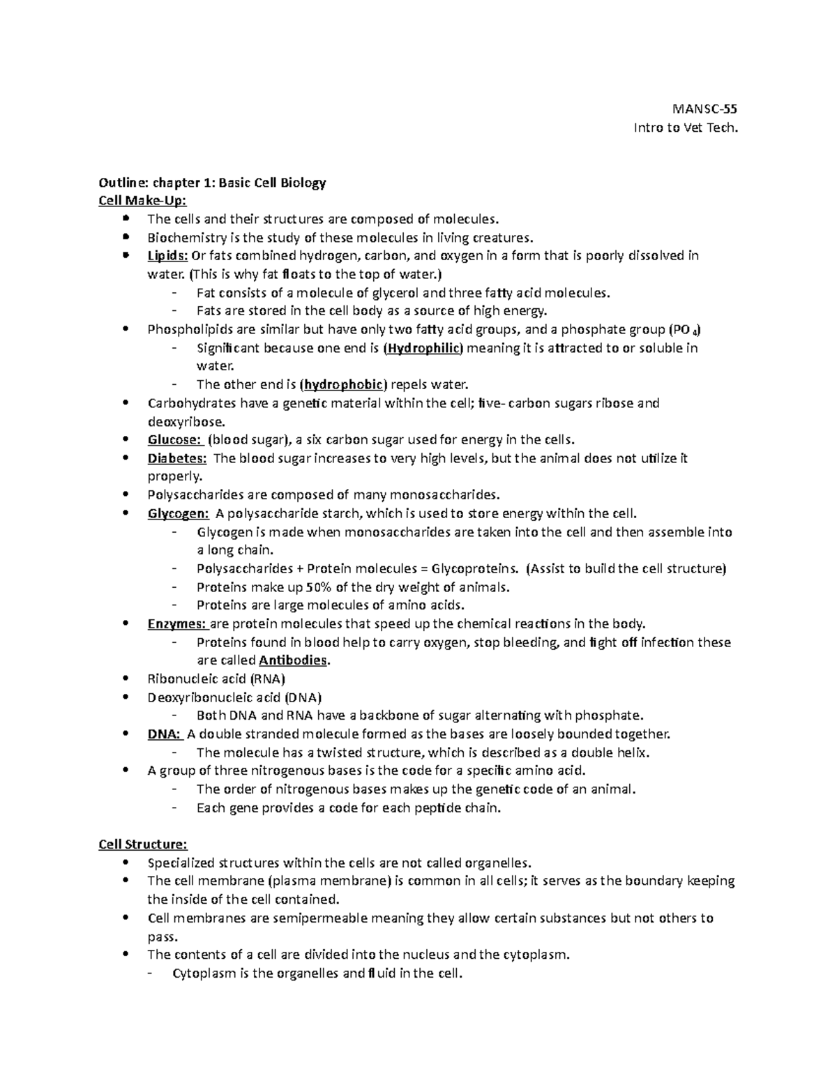 Intro to VET TECH Chapter Notes: Cell Biology & Tissues - Studocu