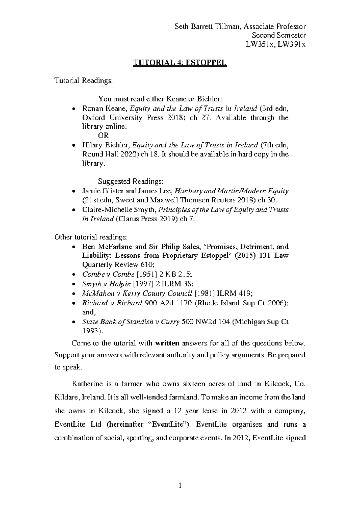 LW351x, LW391x Tutorial 4: Estoppel and Lease Agreements Analysis - Studocu
