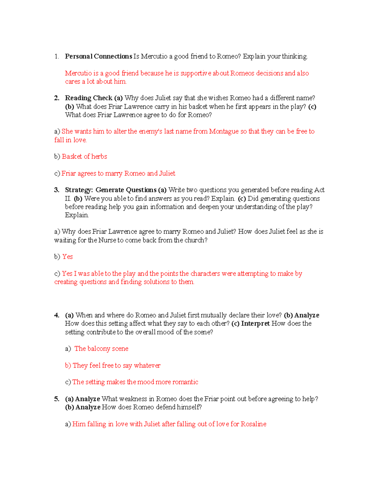 Act II Questions - Practice Test for Romeo and Juliet Analysis - Studocu