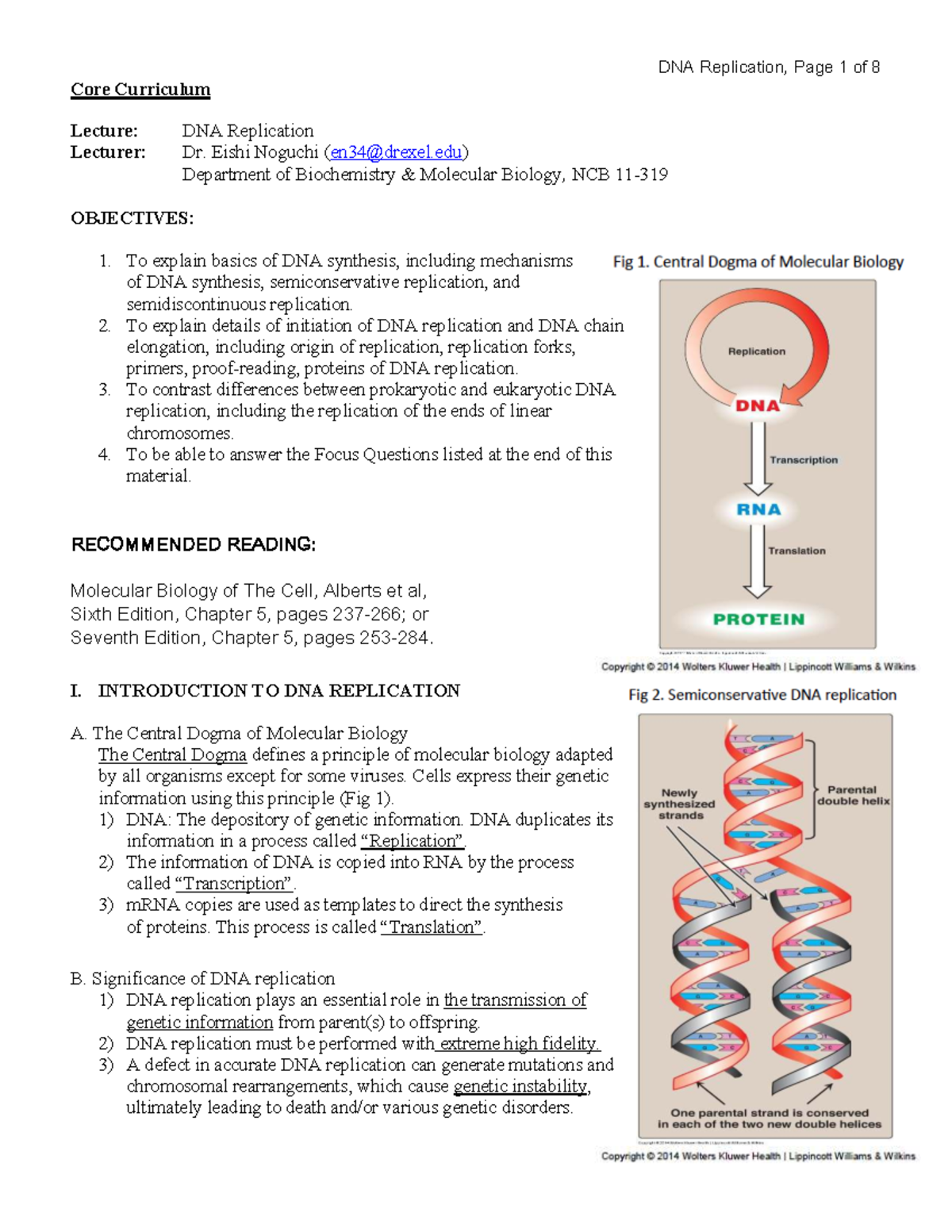 Biochemistry 101: DNA Replication Lecture Notes by Dr. Noguchi - Studocu