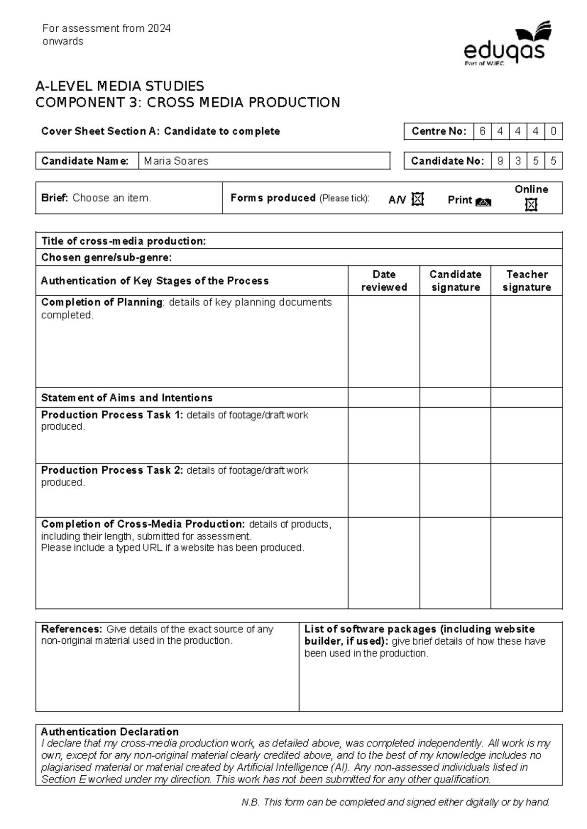 Eduqas A Level Media Studies C3: Cross Media Production Cover Sheet ...