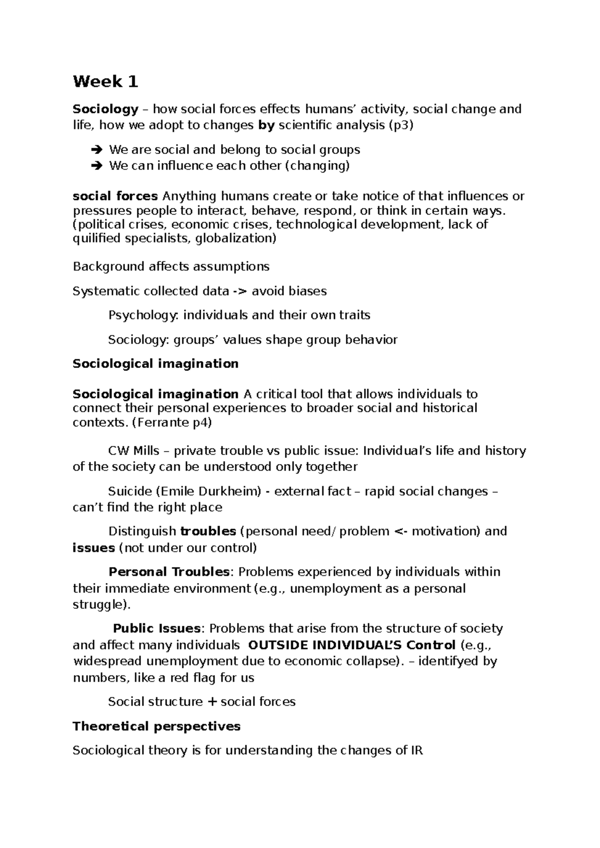Sociology 101 - Week 1 Lecture Notes on Social Forces and Theories ...