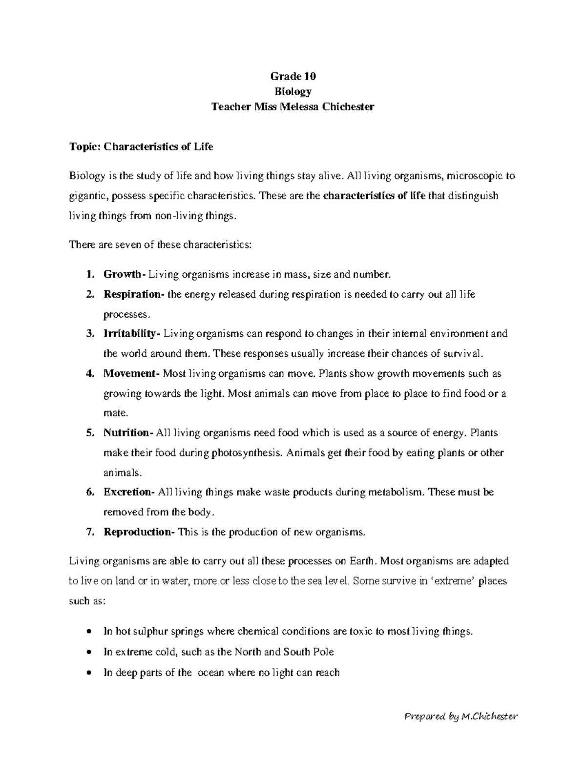 Grade 10 Biology - Handout 1: Key Characteristics of Life - Studocu