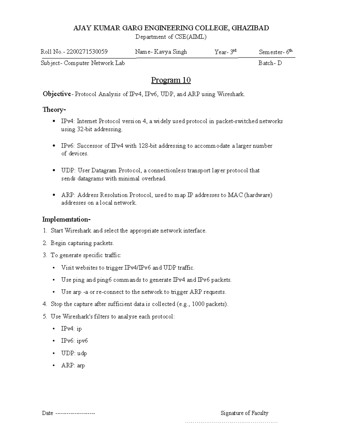 CSE(AIML) 3rd Lab Report: Protocol Analysis of IPv4, IPv6, UDP, ARP ...