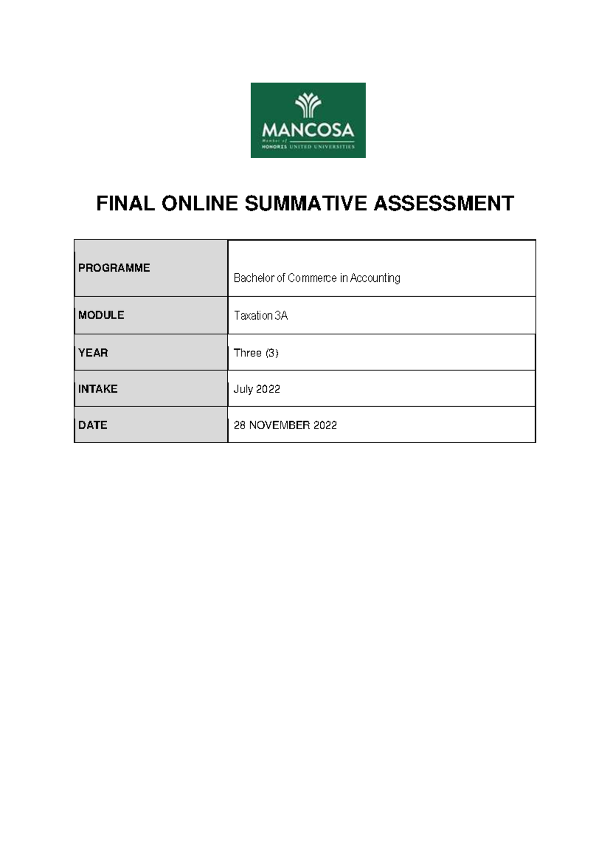 Taxation 3A - Final Online Summative Assessment Question Paper - Studocu