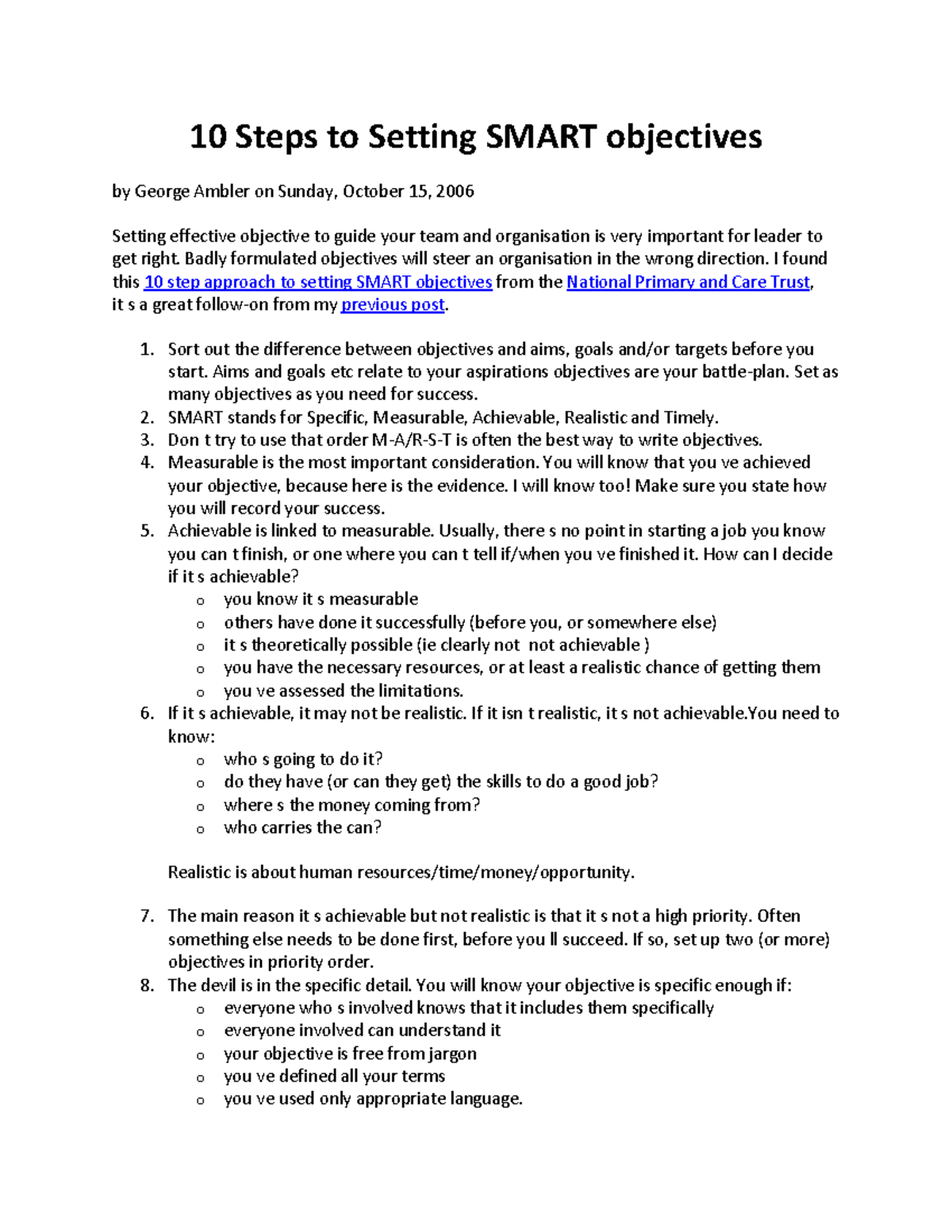 10 Steps to Setting SMART Objectives: A Guide for Leaders - Studocu