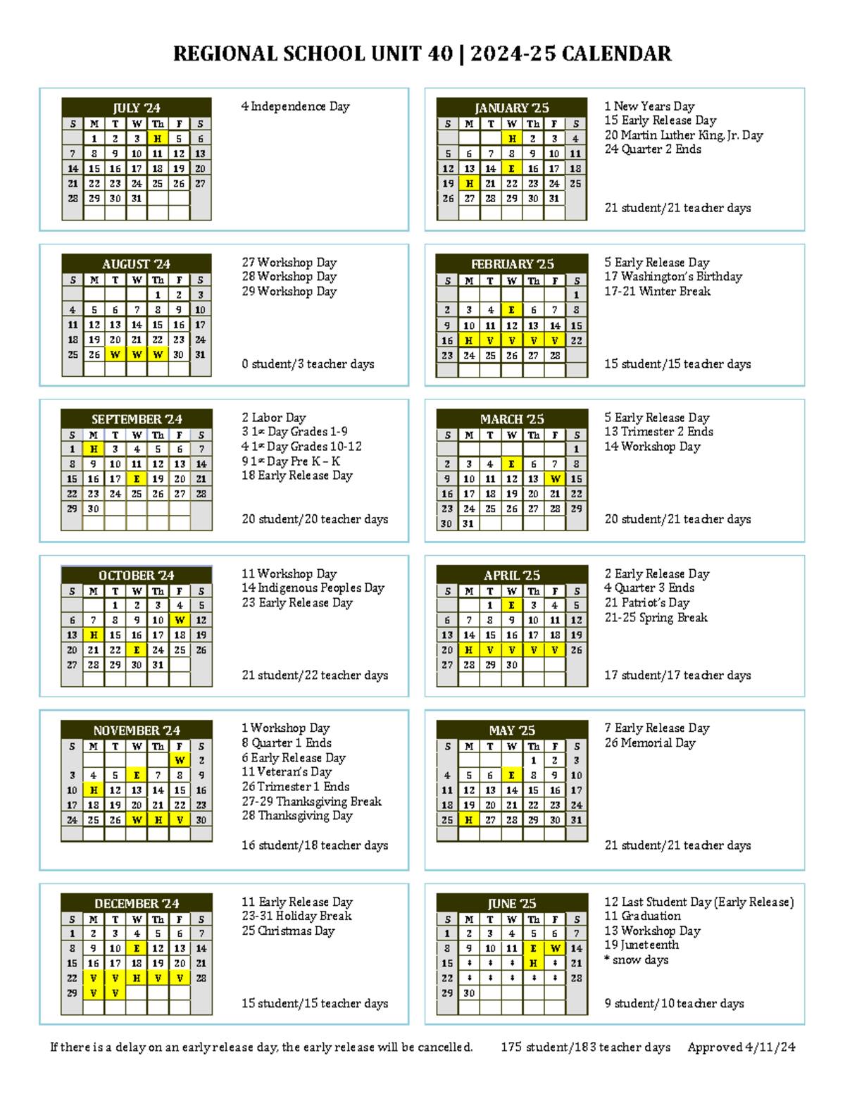 Approved 2024-25 School Calendar for Regional School Unit 40 - Studocu