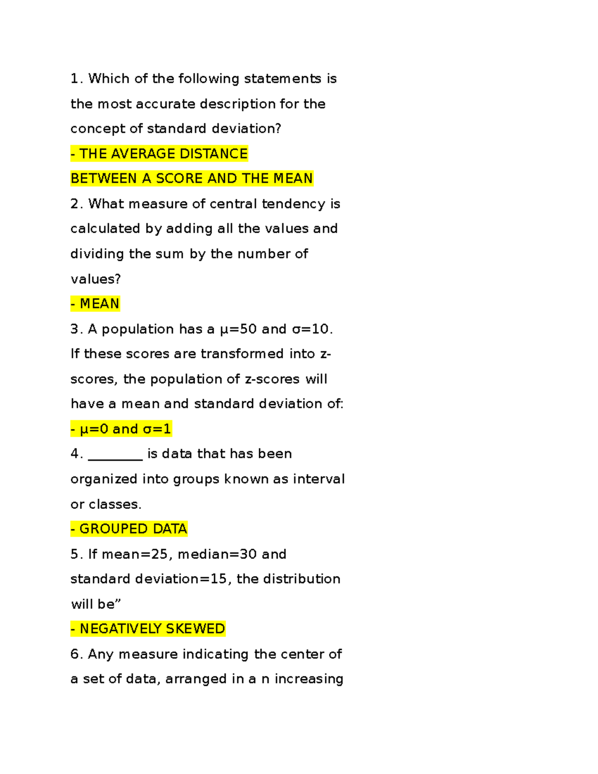 Quiz on Standard Deviation and Central Tendency Concepts - Studocu