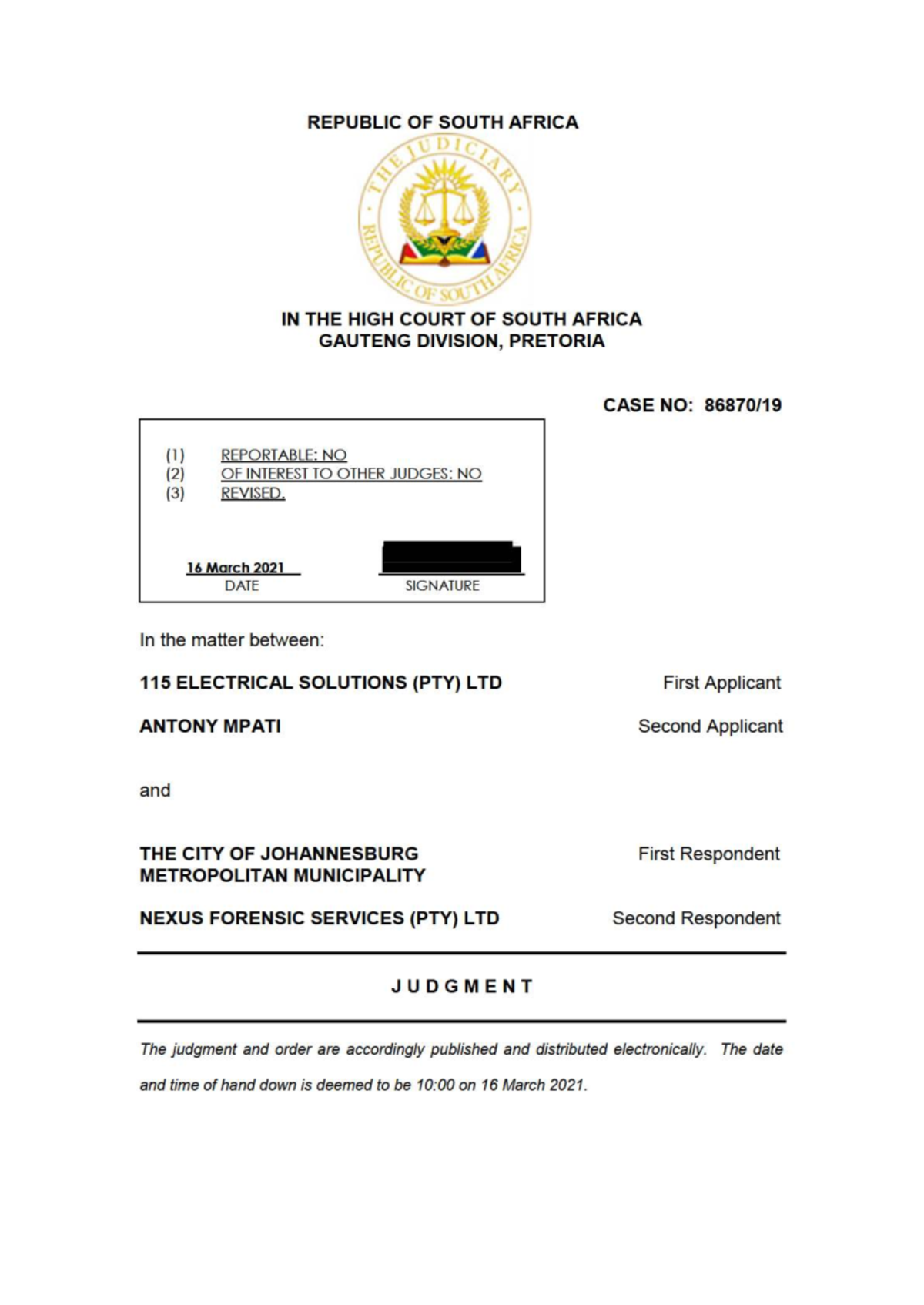 Interlocutory Application: 115 Electrical Solutions vs COJ & Nexus ...
