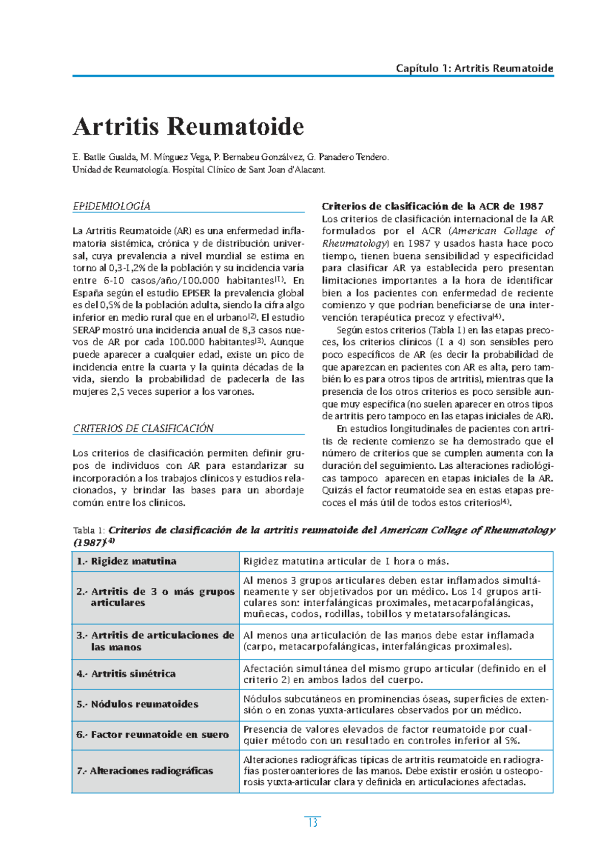 Capítulo 1: Artritis Reumatoide - Actualización y Criterios ACR 1987 ...