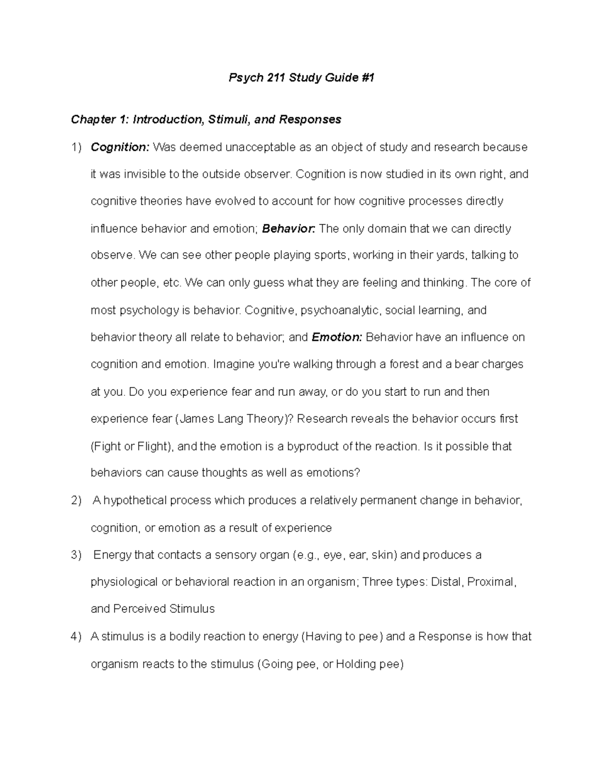 Psych 211 Study Guide #1 - Psych 211 Study Guide Chapter 1 ...