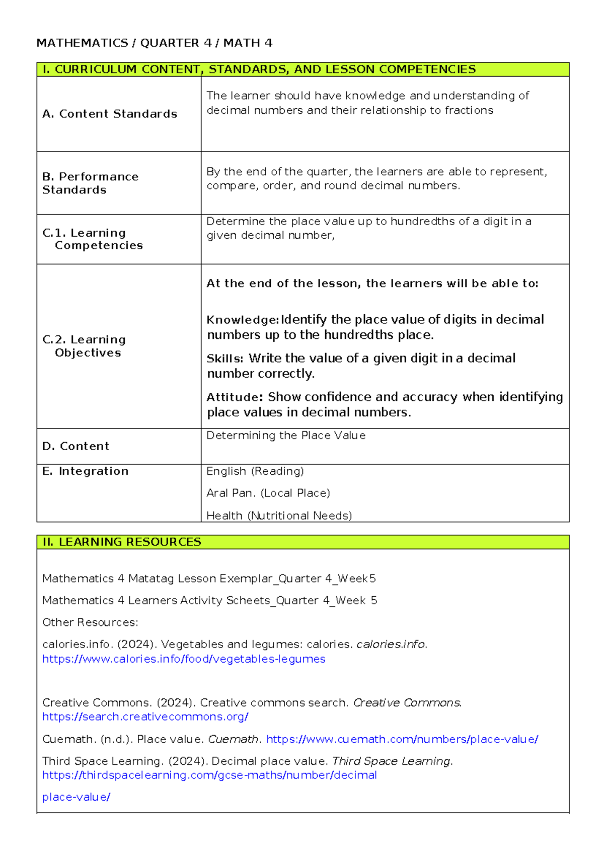 CO#1 MATH 4 Q4 - Lesson Plan on Decimal Place Value - Studocu