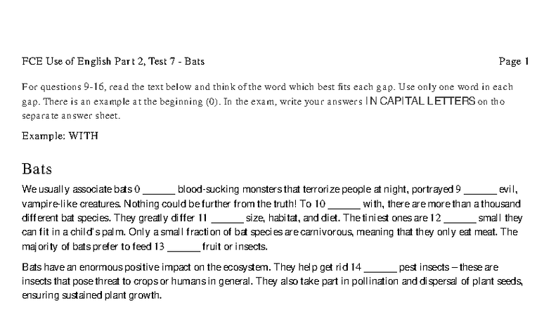 FCE Use of English Part 2, Test 7 - Bats Practice & Answers - Studocu