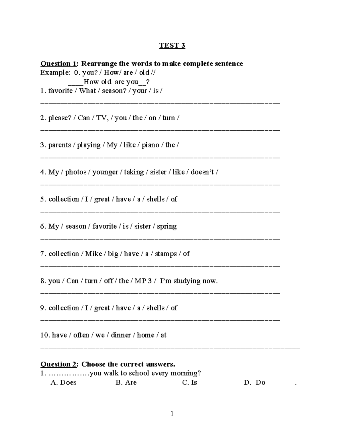 TEST 3 - Rearranging Sentences and Answering Questions - Studocu