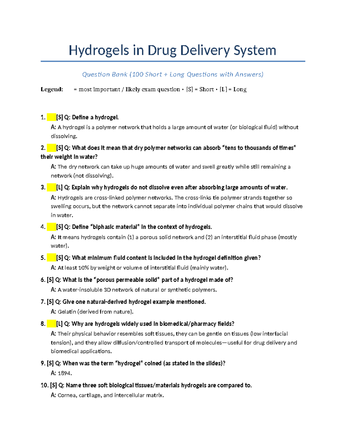 Hydrogels in Drug Delivery System: 100 Q&A for Exam Prep - Studocu