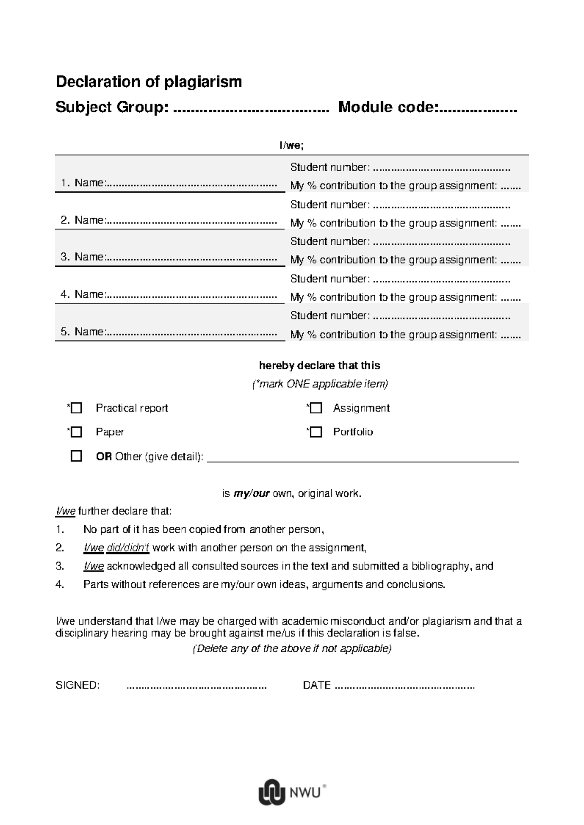 Plagiarism Declaration Form for Group Assignment Submission - Studocu