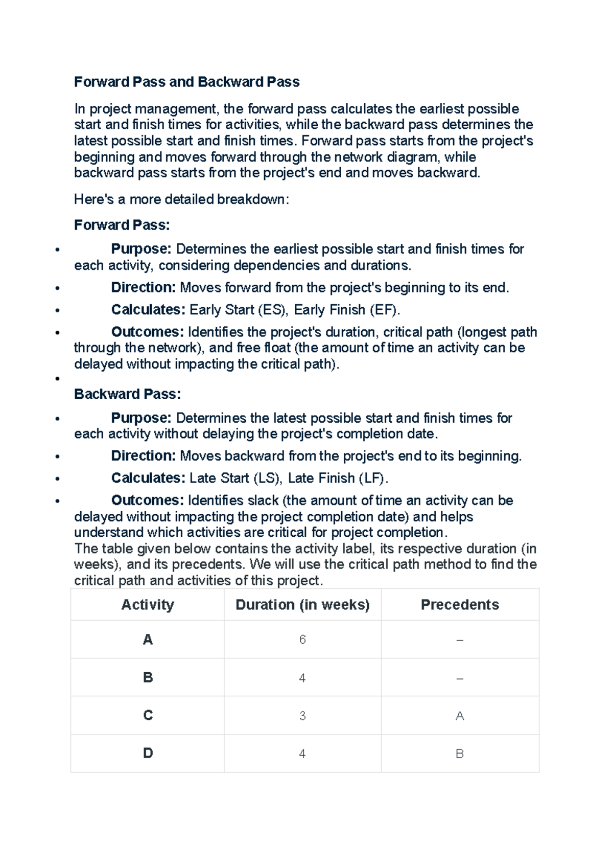 Forward and Backward Pass in Project Management Techniques - Studocu