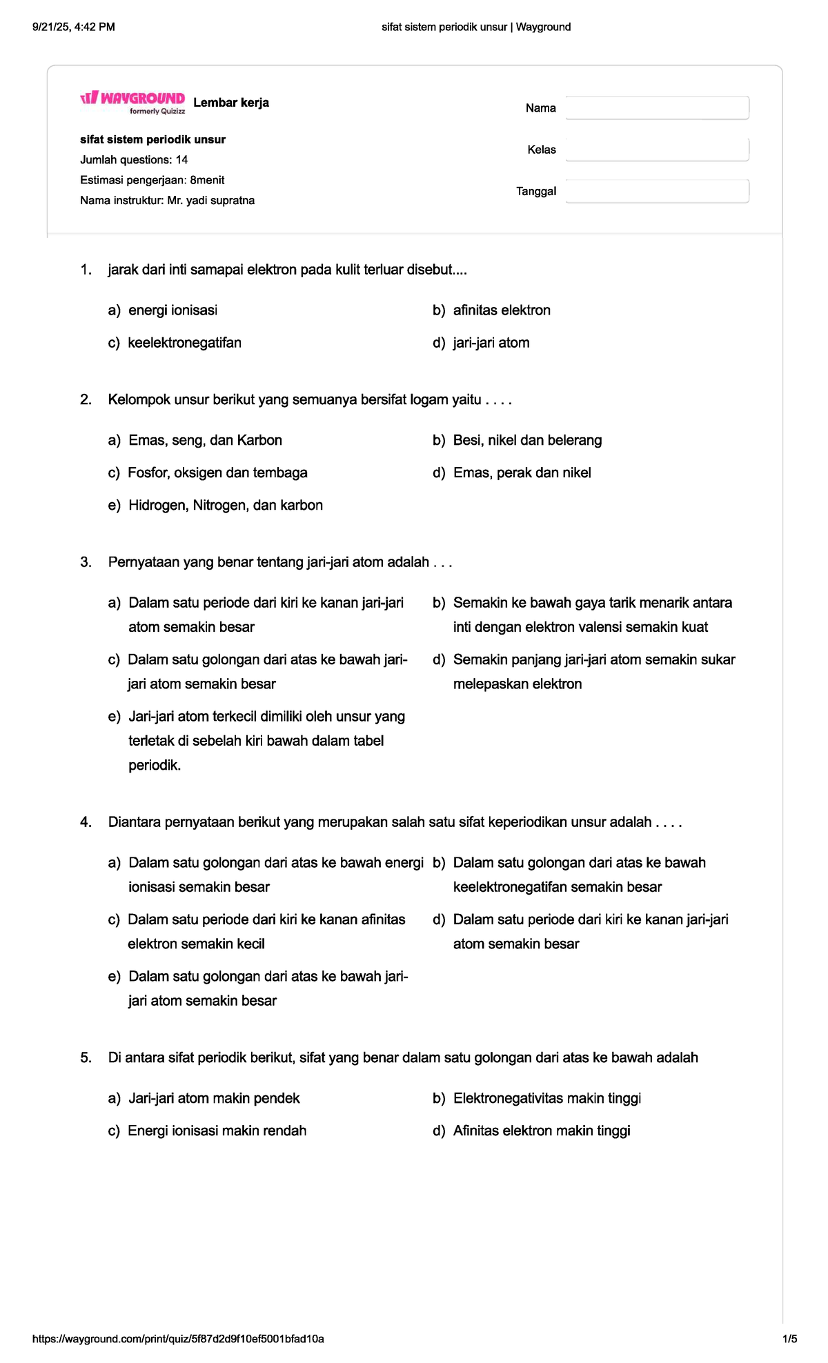 SPU Kelas 10 V.2: Sifat Sistem Periodik Unsur - Lembar Kerja - Studocu