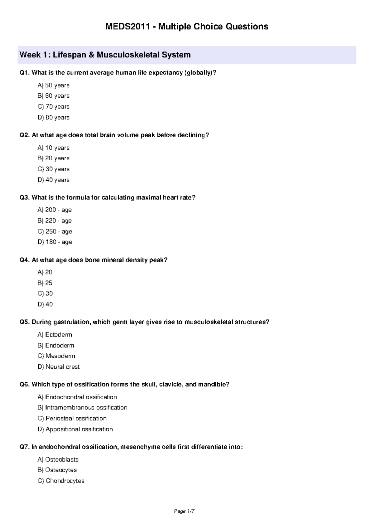 MEDS2011 Multiple Choice Questions: Lifespan & Musculoskeletal System ...