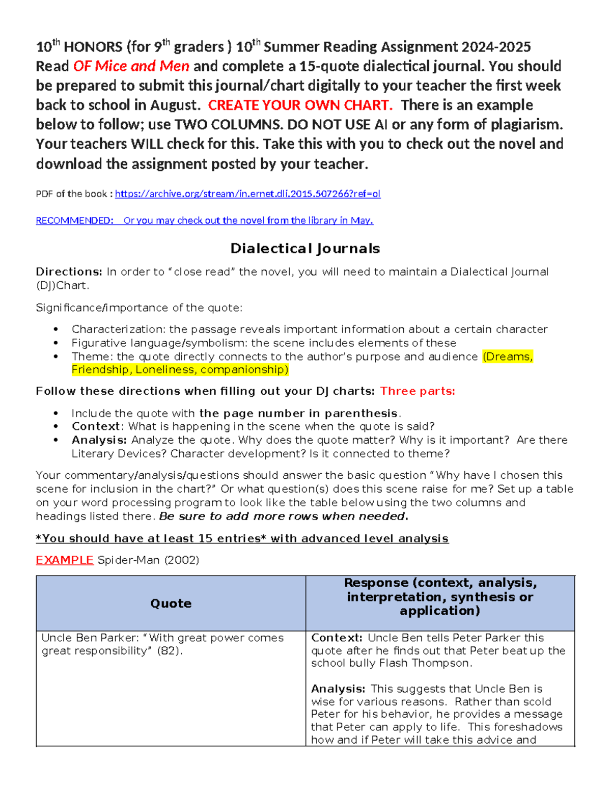 Summer reading 10th honors 2024-2025 Of Mice and Men - 10 th HONORS ...