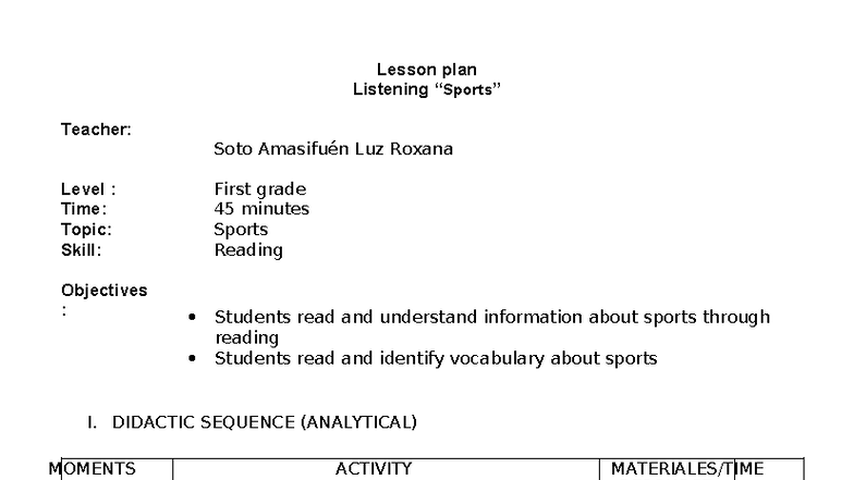 Lesson Plan: Reading on Sports for 1st Grade (45 min) - Studocu