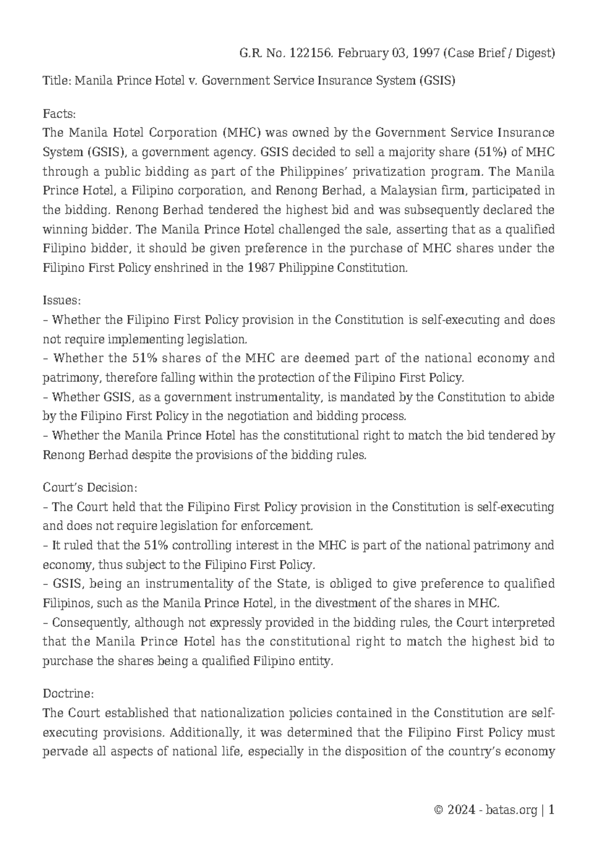 Manila Prince Hotel v. GSIS: Case Brief Digest & Court Decision ...