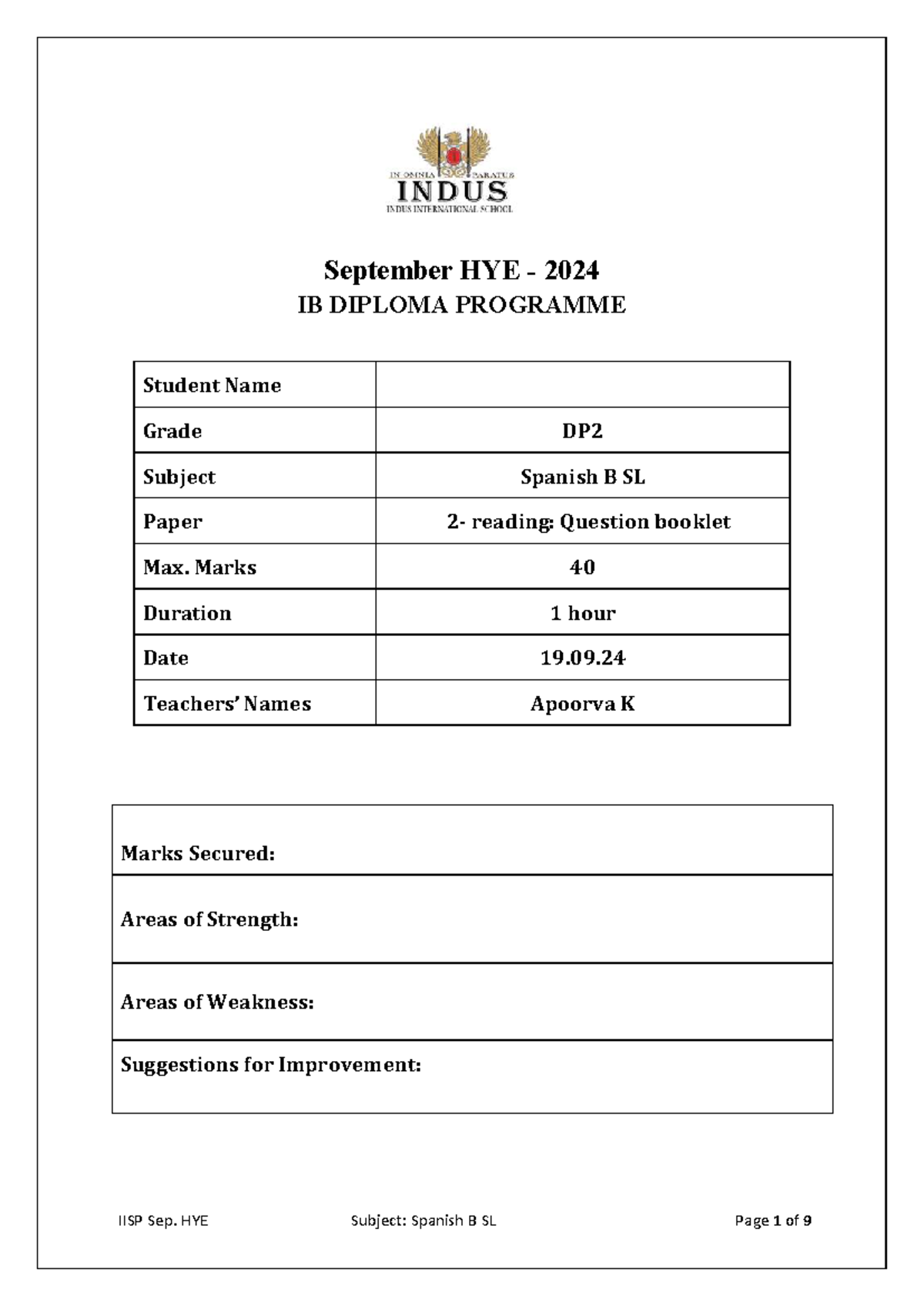 Spanish B SL Paper 2 reading Question booklet - Marks 40 Duration 1 ...