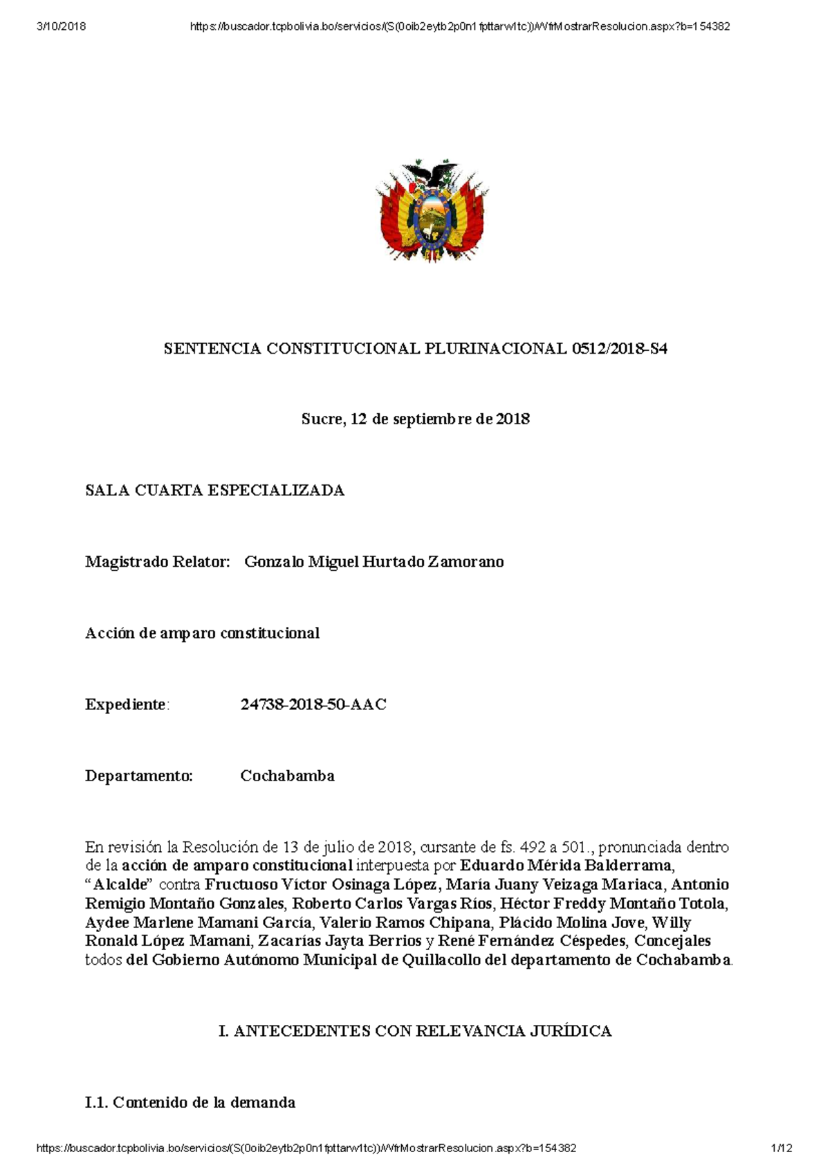 SCP 0512/2018 S4: Análisis de Acción de Amparo Constitucional en ...